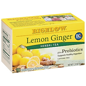 Bigelow Lemon Ginger plus Probiotics Herbal Tea, Caffeine Free, 18 Count (Pack of 6), 108 Total Tea Bags