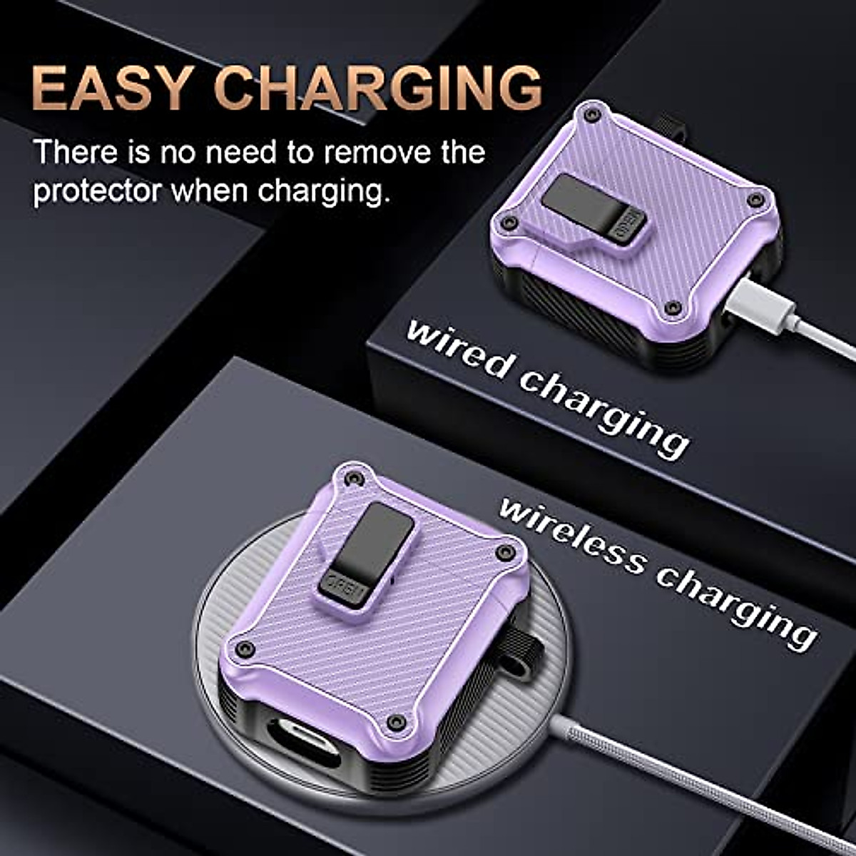 [5 in 1] Case for Airpods 2/1 with Lock, Carbon Fiber Secure Lock Clip PC+TPU Shockproof Protective AirPods Cover Case for Women for AirPod 1st and 2nd Gen with Fashion Candy Keychain(Purple)