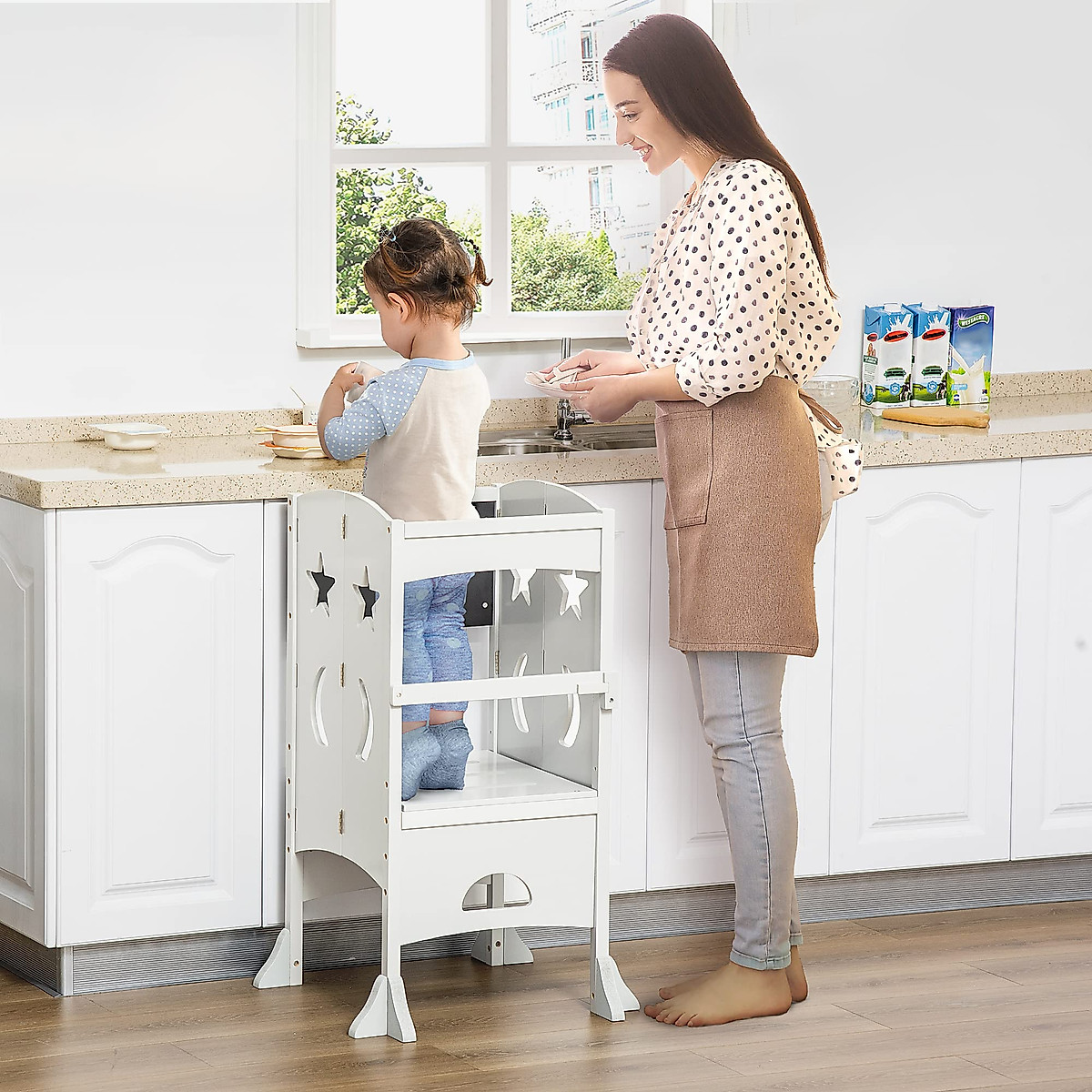 Qaba 2 in 1 Kids Foldable Kitchen Step Stool, Toddler Standing Tower with Chalkboard and Lockable Handrail for Children 3-6 Years Old, White
