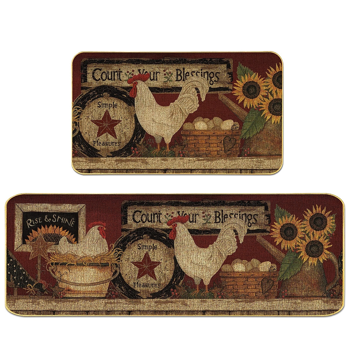 DXSHCG Farmhouse Decorative Kitchen Rugs and Mats Set of 2, Farm Rooster Non-Slip Kitchen Mats,Seasonal Holiday Party Sets Washable Low-Profile Floor Mats - 17x29 and 17x47 Inch