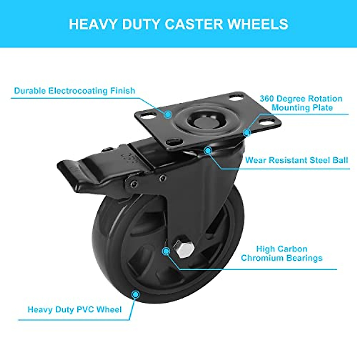 PRITEK 5 inch Caster Wheels Bearing 1800lbs 4 Pack Heavy Duty Rubber Plate Casters All with Safety Brake No Noise Lockable Swivel Casters (Include 16pcs Screws)