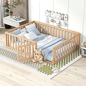 Harper & Bright Designs Full Size Floor Bed with Safety Guardrails and Door, Wood Floor Bed Frame for Girls/Boys, Full Montessori Floor Bed for Kids,Natural