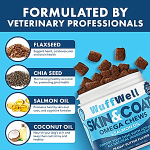 WuffWell - Omega 3 for Dogs with Salmon Oil 140ct - Dog Skin and Coat Supplement - Allergy and Itch Relief - Fish Oil for Dogs Chews - Dog Anti Shedding Supplement - Dry Skin Treatment - Made in USA