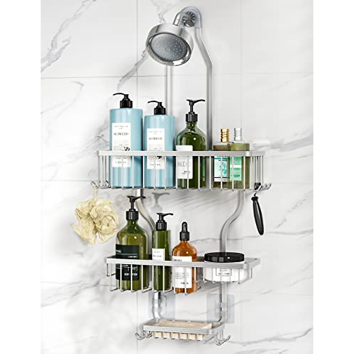 YASONIC Shower Caddy Over Shower Head Never Rust Aluminum Large Hanging Shower Caddy with 10 Hooks for Razor/Sponge - Over The Shower Head Caddy with Soap Basket - Hanging Shower Organizer Silver