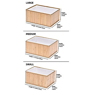 Bamboo Storage Baskets, Set of 3; All-Natural Organizer Bins with Fabric Liner on Inside; Boxes Great for Kitchen, Pantry, Bathroom, Closets, Storage, Shelving, Toys; 3 Sizes: Small, Medium, Large