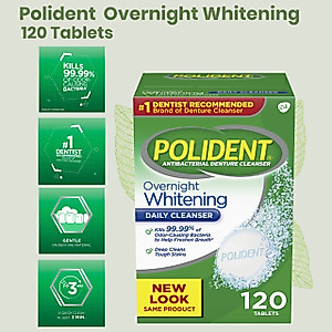 Polident Overnight Whitening 120 Tablets Easily Remove Stains Plaque Bundle With Dentu-Care Denture Brush Specifically Designed To Gently Clean Full Partial Dentures