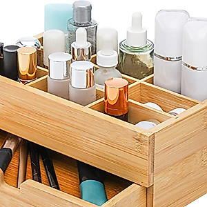 Suwimut Bamboo Makeup Organizer with Drawers, Multi-functional Cosmetic Display Case with 9 Sections for Bathroom, Countertop, Dresser, Wooden Vanity Organizer for Beauty Supplies