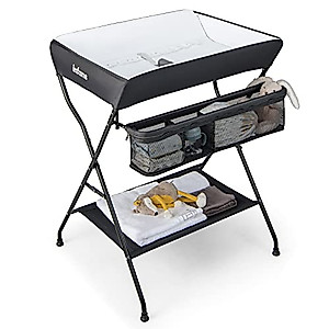 INFANS Baby Changing Table, Folding Diaper Station Portable Nursery Organizer with Safety Belt and Large Storage Racks for Newborn Baby and Infant (Black)