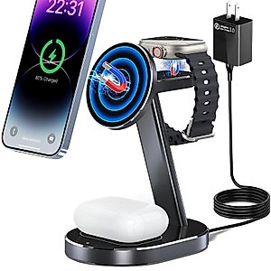 Aluminum Alloy 3 in 1 Magnetic Wireless Charging Station,Fast Wireless Charging Compatible with Magsafe Charger Stand for iPhone 15 14 13 12 Pro/Pro Max/Mini/Plus,Apple Watch 9 8 7 SE 6 5 4 3,Airpods