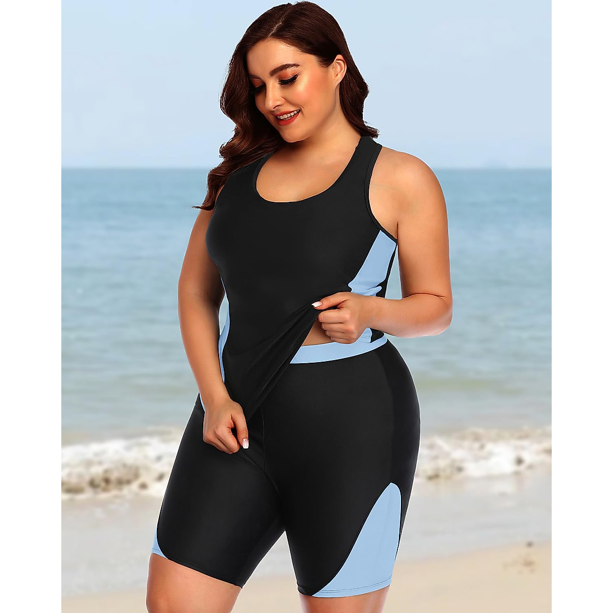 Daci Women's Plus Size Tankini Swimsuit - Two Piece Rash Guard with Capris Shorts and Athletic Racerback Bathing Suit Light Blue 22 Plus