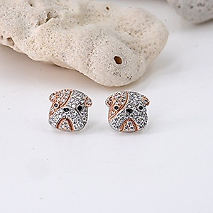 Rhodium Plated Sterling Silver Bulldog Stud Earrings CZ Studs for Women Girls