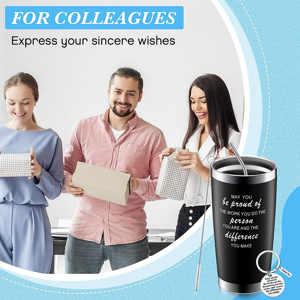 Rtteri 4 Sets Employee Appreciation Gifts for Coworkers Thank You Gifts for Men Includes 4 May You Be Proud Stainless Steel Black Tumbler and 4 Work Keychain Inspirational Wine Glasses for Male Men