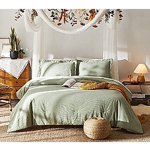 Geniospin Full Comforter Set, Bed in a Bag Sage Green Bedding Sets 7-Pieces, Botanical Pattern, All Season Comfortable Seersucker Bedding with Comforter, Sheets, Pillowcase & Shams(Full,80"x90")