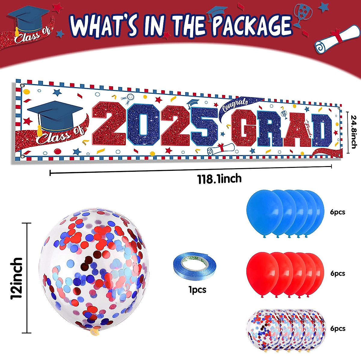 2023 Graduation Decoration Set Large Red and Blue Class of 2023 Congrats Grad Banner with 18 PCS Graduation Balloons for High School College Graduation Party Supplies