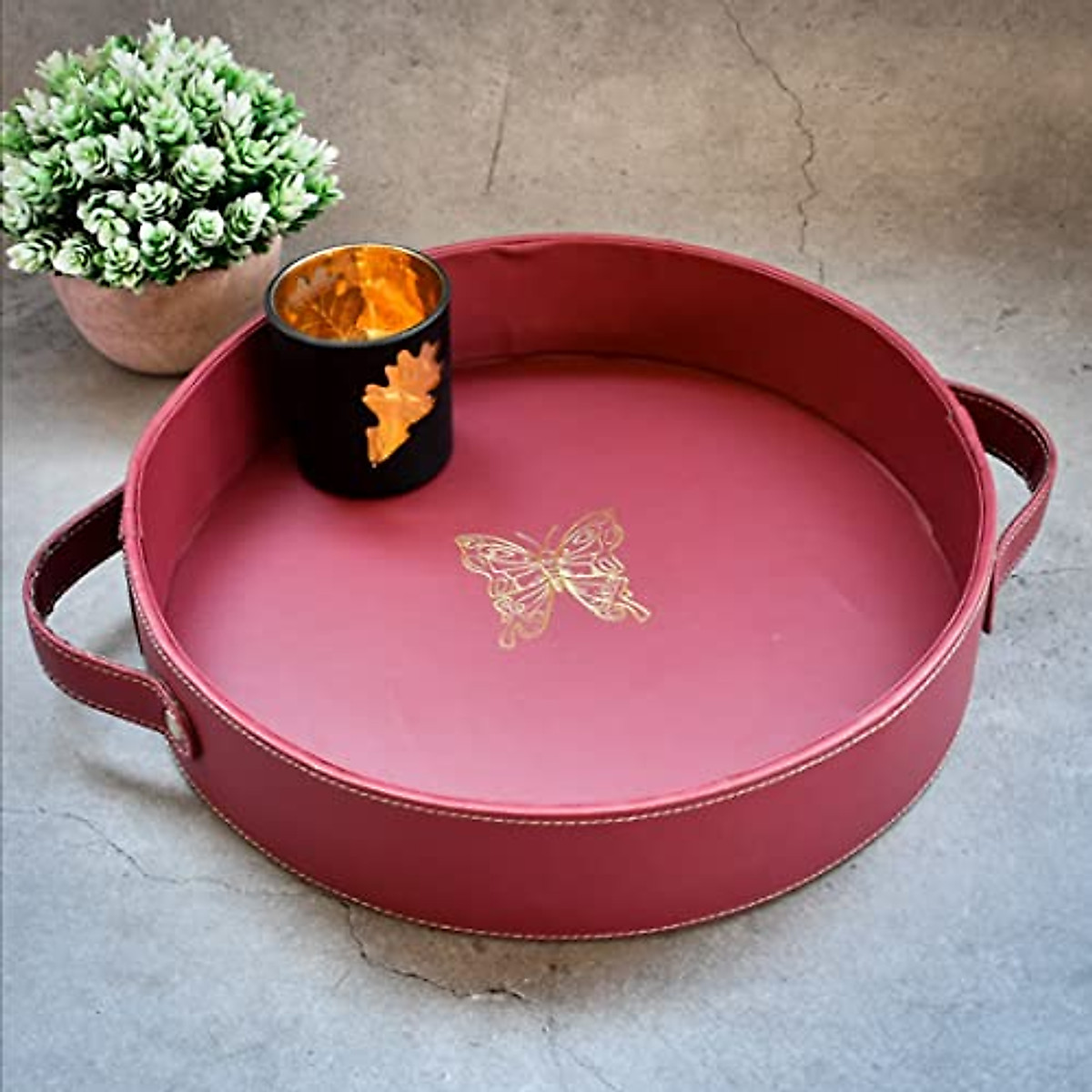 ARIJA Round Leather Tray with Handles, Made with Vegan Leather, Tray for Serving, Table top Organizer, Gifting & Home Decor, Cherry Red- Size -12x12x2.5 inches