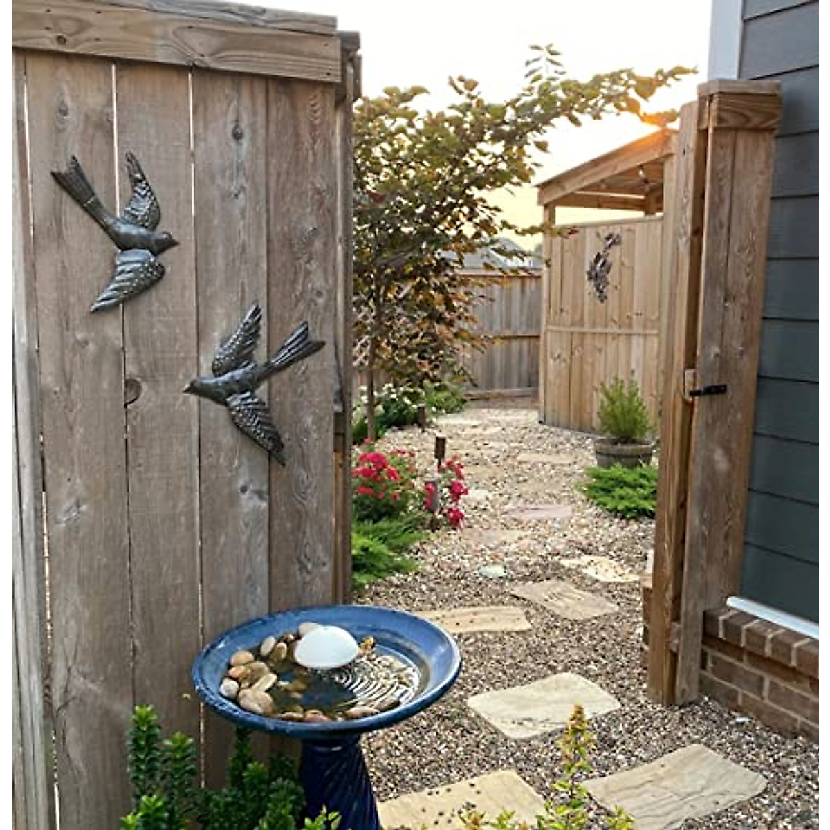 Set of 2 Garden Birds, Spring Home Accent Decor, 3D Wings, Metal Wall Hanging, Indoor Outdoor Display, Handmade 11 x 13 Inches