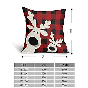 Deer Christmas Pillow Covers 16X16 Inch Xmas Reindeer Black Red Buffalo Plaid Checkered Couch Pillow Cases Set of 2 Winter Holiday Cotton Cushion Case Farmhouse Home Decor For Bed Sofa Couch Room