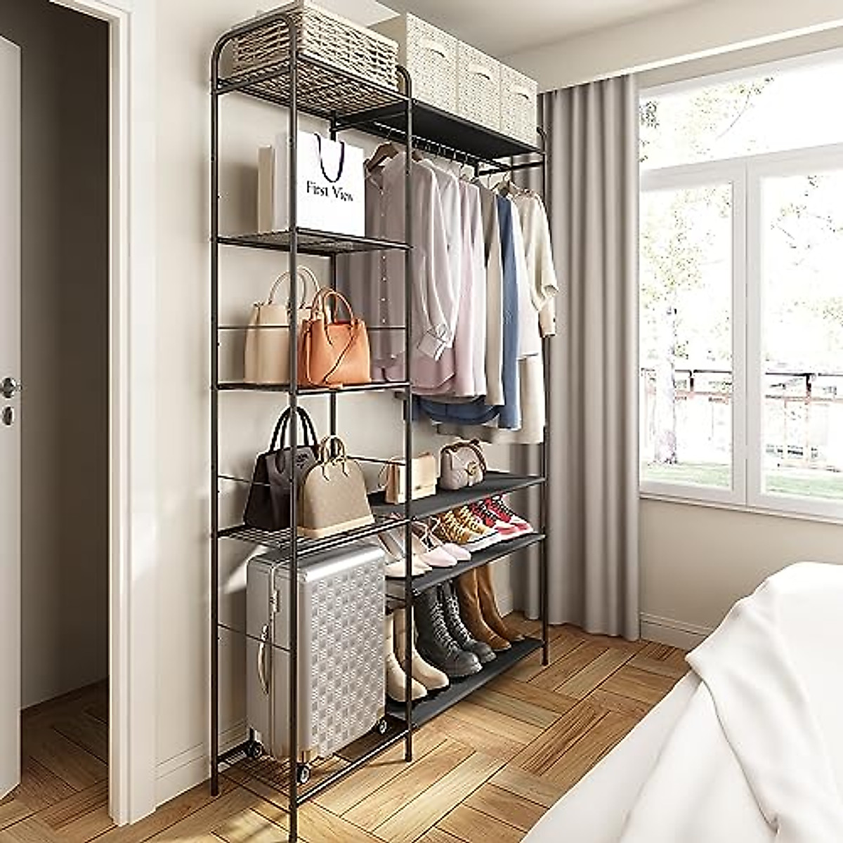 Wisdom Star Garment Rack with Shelves for Hanging Clothes, Free-Standing Clothes Rack with Shelves for Bedroom, Bathroom, Metal Clothes Racks for Hanging Clothes, Coats, Skirts, Shoes, Large, Black