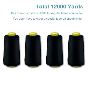 Black Serger Thread, All-Purpose Thread for Sewing, Polyester, 4 Cones of 3000 Yards Each Spool for Sewing Machine