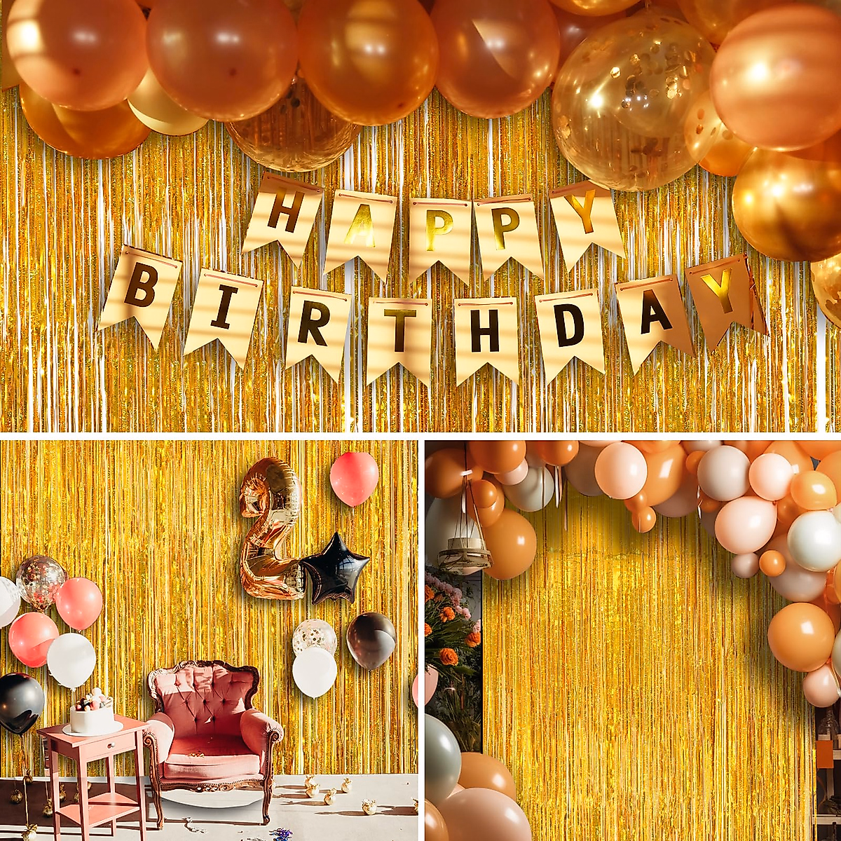 Merear Backdrop for Party Decorations, 3 Pack Gold Foil Fringe Curtains Party Decor 8.2 * 3.3 FT Tinsel Streamers Birthday Party Decorations Photo Fringe Backdrop for Party, Graduation