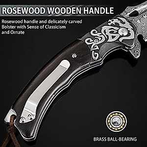 LOTHAR Damascus Pocket Knife for Men, Handmade Forged VG10 Damascus Folding Knife with Clip and Retro Leather Sheath, Men Gifts for Birthday, Anniversaries, Christmas Stocking Stuffers for Men (Black Sandalwood)