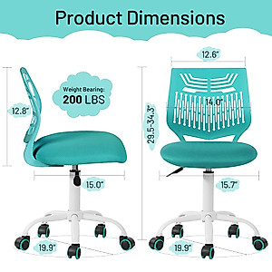 FurnitureR Kids Desk Chair, Student Study Computer Task Chair Armless Cute Rolling Swivel Adjustable with Mesh Soft Cushion Plastic Low Back, Aqua
