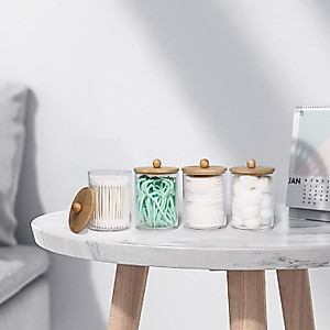 Tbestmax 4 Pack Qtip Holder, 10-Ounce Bathroom Organizer Accessories Storage Containers Clear Plastic Apothecary Jars with Bamboo Lids for Cotton Ball, Cotton Swab, Floss