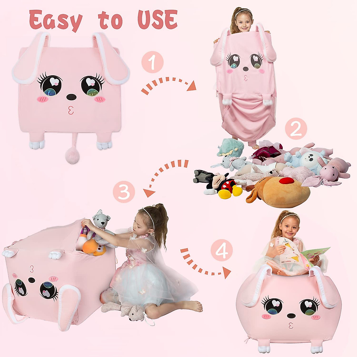 Big Ear Rabbit Toy Organizers and Storage, Cute Bean Bag Chair Pink for Girls Room Decorations, Large Size 22x24 Inch Velvet Extra Soft, Cover ONLY