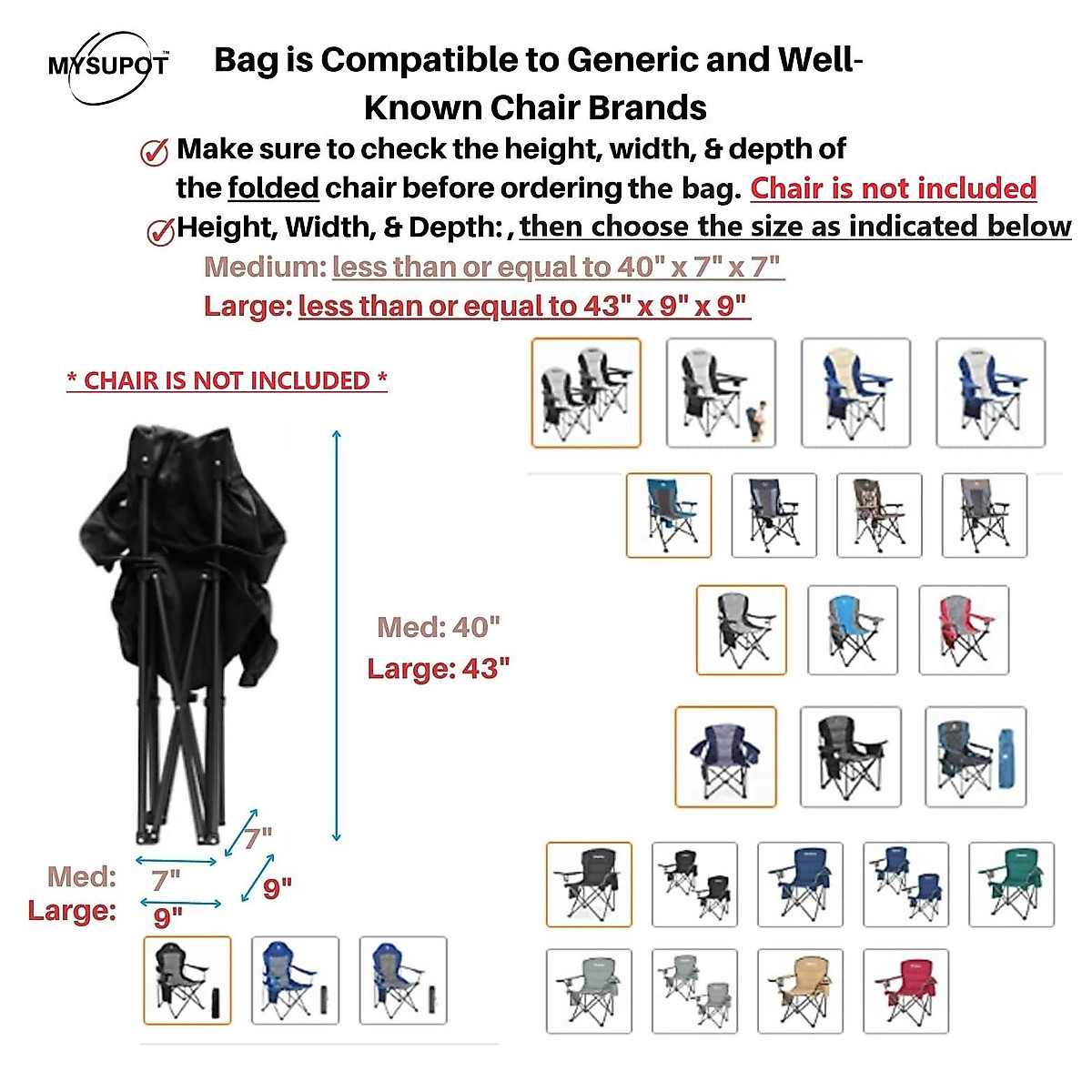 MYSUPOT 40"x7"x7" (Black, M) Replacement Bag for Folding Camping Chair, Portable Camp Chair, Hammock, Yoga Mat, Umbrella, Tents, Tripods, Fishing Poles - 420D Oxford Polyester Fabric w/Side Pockets