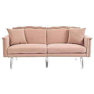 FULife 65" Mid Century Modern Velvet Upholstered Futon Sofa Split Back Loveseat Convertible Sleeper Couch Bed Daybed,Folding Recliner with Armrest&2 Pillows for Living Room/Compact Space, Pink
