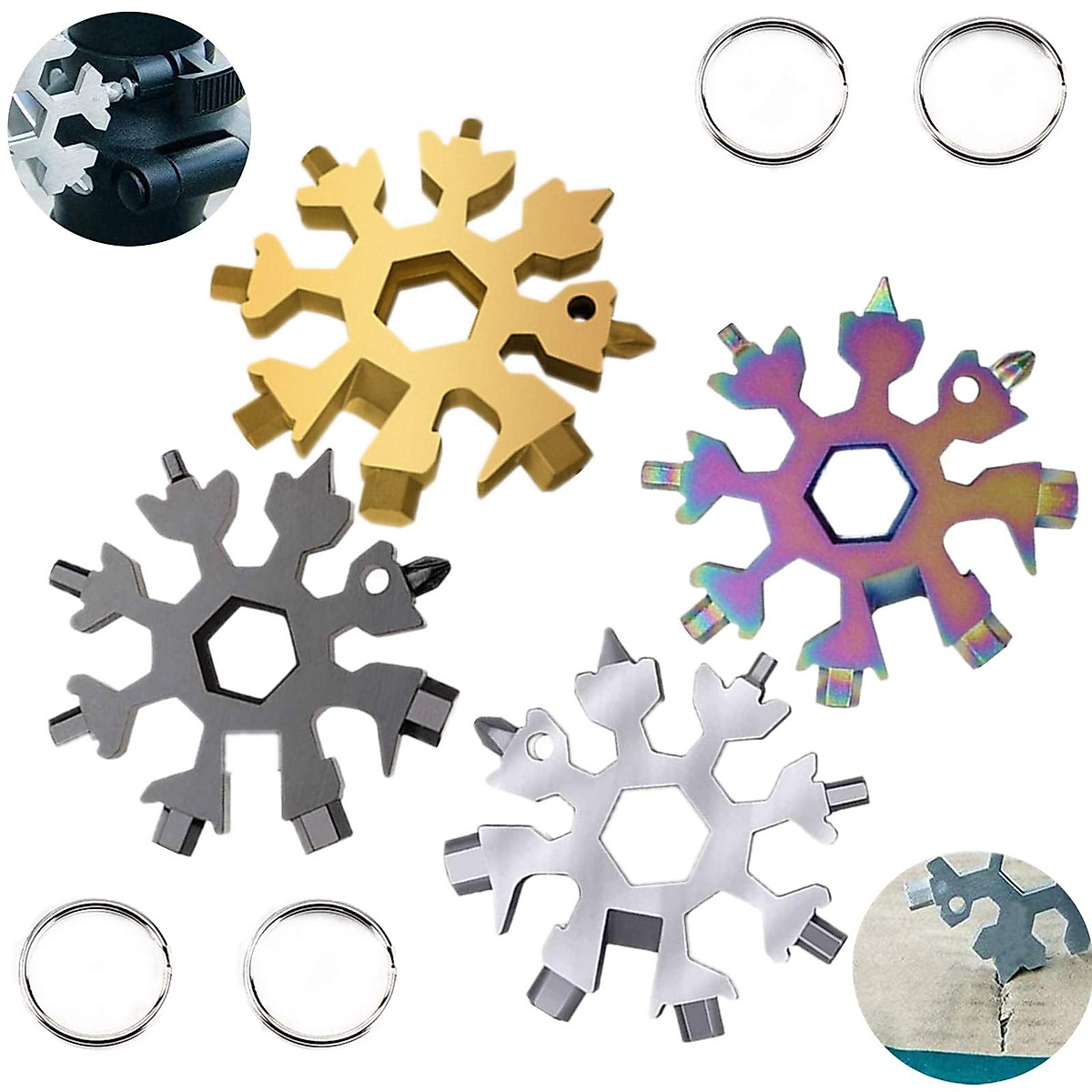 18-in-1 Stainless Steel Snowflake Keychain Multi-Tool Portable Keychain Screwdriver Bottle Opener Tool for Outdoor Camping Gift for Valentine's Day, Birthday, and Happy New Year (multi4 pack)