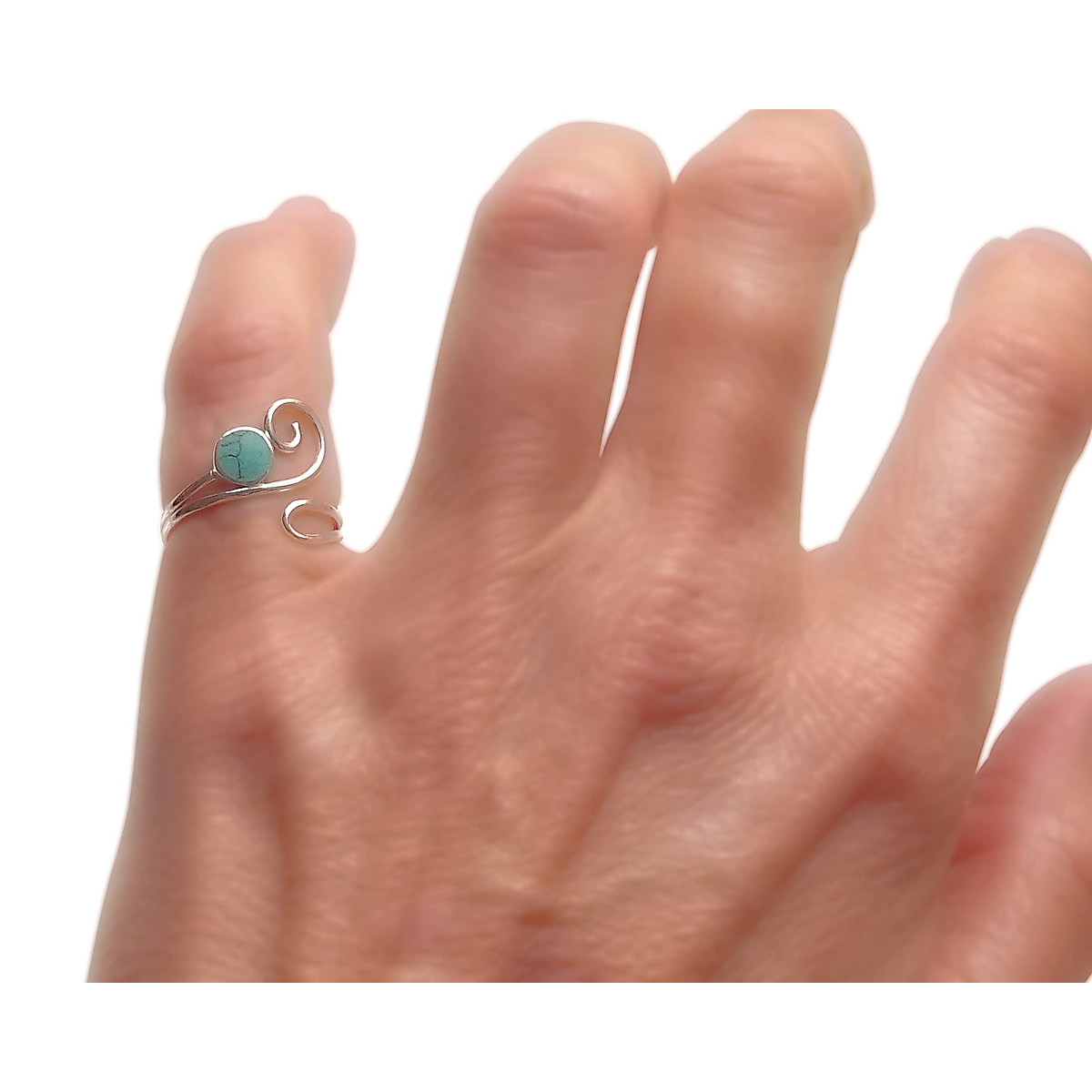 Handmade Silver Swirl & 5mm Turquoise Gemstone Wrap Band Adjustable Toe Ring, 925 Sterling Silver, Classic Dainty Open Toe, Pinky or Knuckle Rings for Women, By MiYa Jewelry Creations