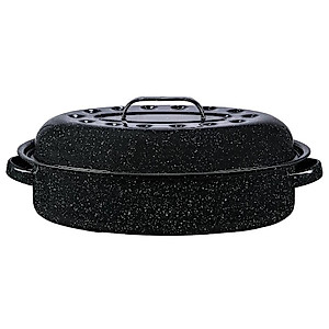 Bovado USA 15.25" Inch 12 lb Capacity Enamel Oval Turkey Roaster Pan + Lid - Thanksgiving Gift, Covered, Non-sticky, Chemical Free, Dishwasher Safe - (14.5 Inch Inner) Rôtissoire (Capacité de 5.45 kg)