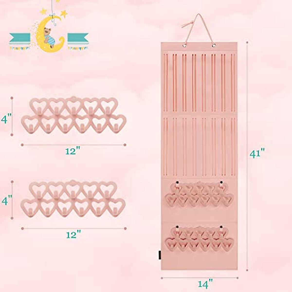 HUHYNN Bow Holder for Girls Hair Bows with Heart-Shape Hangers, Baby Girls Headband Organizer, Wall Hanging Headband and Hair Bow Holder Organizer (Pink)