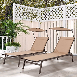 Tangkula Patio Chaise Lounge Chair, Outdoor Recliner with Adjustable Canopy & Cup Holder, 6-Level Backrest, Heavy-Duty Metal Reclining Lounger for Poolside, Backyard (1, Brown)