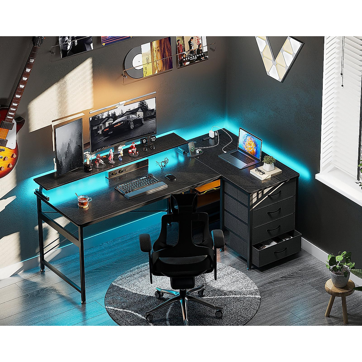 ODK 55-Inch L Shaped Gaming Desk with LED Lights & USB Power Outlets, Reversible Computer Desk with 4 Drawers, Corner Gamer Desk with CPU Shelf & Monitor Stand, Gaming Table for Bedroom, Black