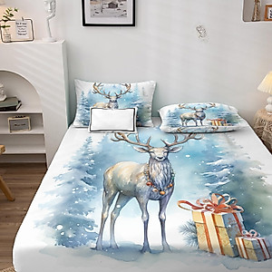 zcwl Christmas Sheets Full Size, Reindeer Bed Sheet Set, Super Soft Microfiber Patterned Bedding Sheet Sets 4 Piece, 16 Inch Deep Pocket Fitted Sheet & Flat Sheet & 2 Pillowcase
