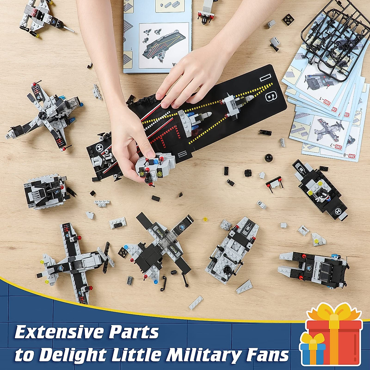WishaLife 1320 Pieces Aircraft Carrier Building Blocks Set, Military Battleship Model Toy with Army Car, Helicopter & Boat, Military Toys Gift for Kids Boys Girls Age 6-12
