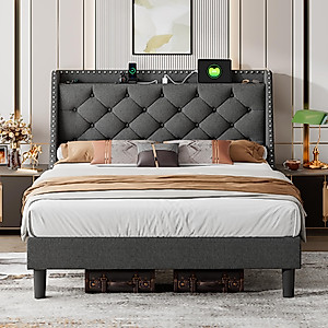 iPormis Full Bed Frame with 16" Deluxe Wingback & USB & Type-C Ports, Upholstered Platform Beds with Button Tufted Storage Headboard, Solid Wood Slats Support, No Box Spring Needed, Dark Grey
