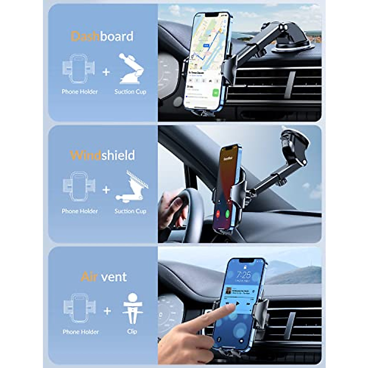 DesertWest [2023 Flagship] Car Phone Holder Mount,Universal Cell Phone Holder Car Dashboard Windshield Air Vent Compatible with iPhone 14 Pro Max 13 12 11 X XS 8 7, Galaxy S23 S22 All Phones