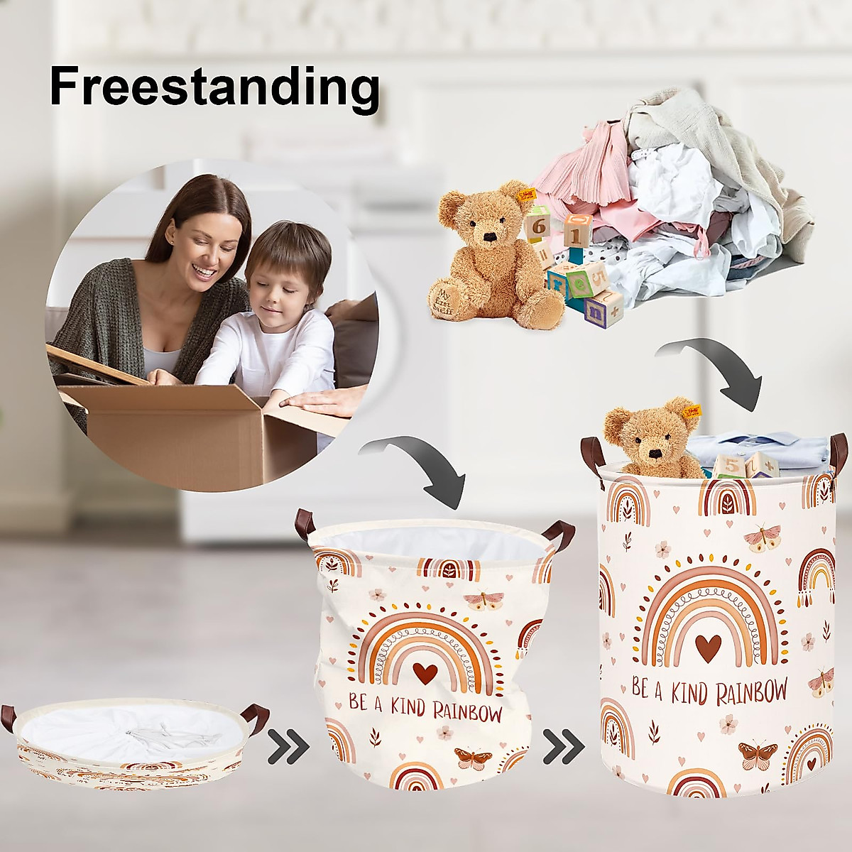 Clastyle 63L Boho Rainbow Laundry Basket for Girl Heart Butterfly Pink Kids Dirty Clothes Nursery Hamper Large Clothes Toys Storage Basket with Lid, 15.7x19.7 in