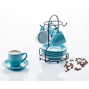 IMUSA USA 8pc 3oz Blue and White Espresso Cups & Saucers Set w/Storing Rack, 8pc, Teal