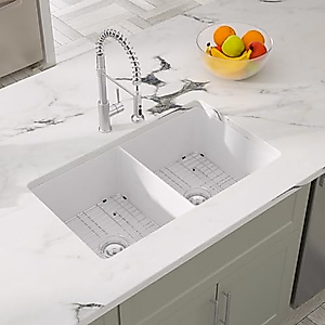 Dcolora 32 Inch White Fireclay Kitchen Sink Porcelain Double Bowl 50/50 Split Undermount Sinks Dual Mount Ceramic Sink Under Counter DC-U7737