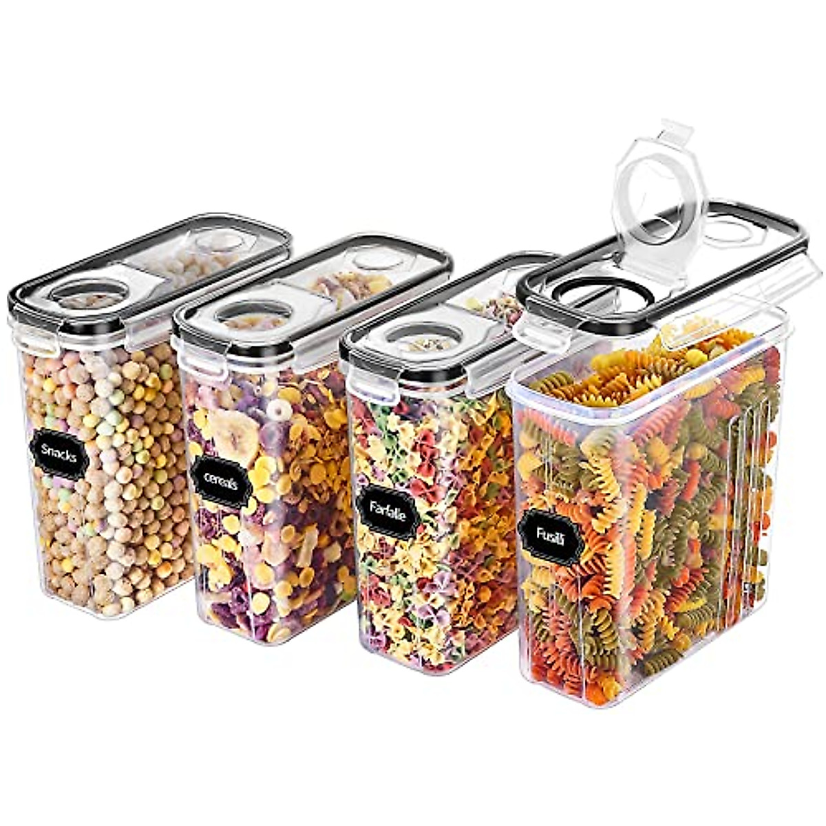 Cereal Containers Storage, Airtight Food Storage Container with Lid of 4 [2.5L/85.4oz] for Kitchen & Pantry Organization, BPA-Free Clear Plastic Canister Great for Snacks, Sugar, 20 Lables & Marker