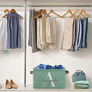 Sage Green Customized Storage Basket Collapsible Storage Bins Cubes Box Fabric Clothes Hamper Gift Baskets Toy Chest for Shelves Office Home Nursery Shoes with Leather Handles