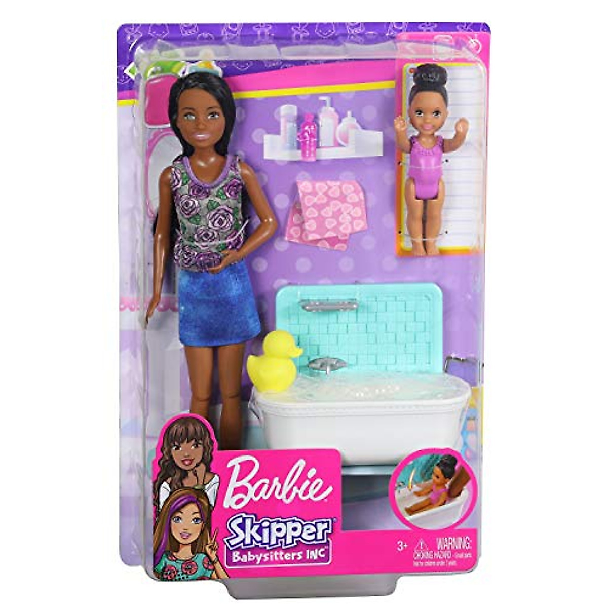 Barbie Skipper Babysitters, Inc. Playset with Bathtub, Babysitting Skipper Doll and Small Toddler Doll with Button to Move Arms and Splash, Plus Themed Accessories, Gift for 3 to 7 Year Olds