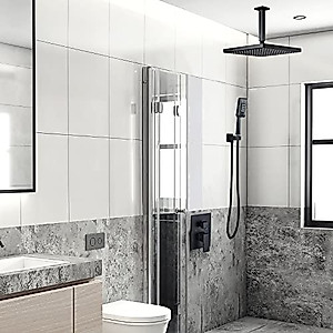 Midanya Matte Black Shower System Ceiling Mount ABS 12 Inch Rain Shower Head with 3 Functions ABS Handheld Spray Luxury High Pressure Shower Combo Set Rough-in Valve and Shower Trim