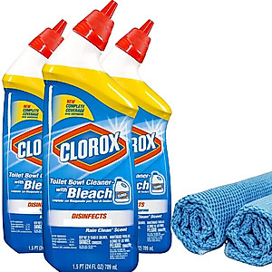 3 Clorox Toilet Bowl Cleaner with Bleach , Rain Clean 24 oz , - BONUS Microfiber Cleaning Cloth