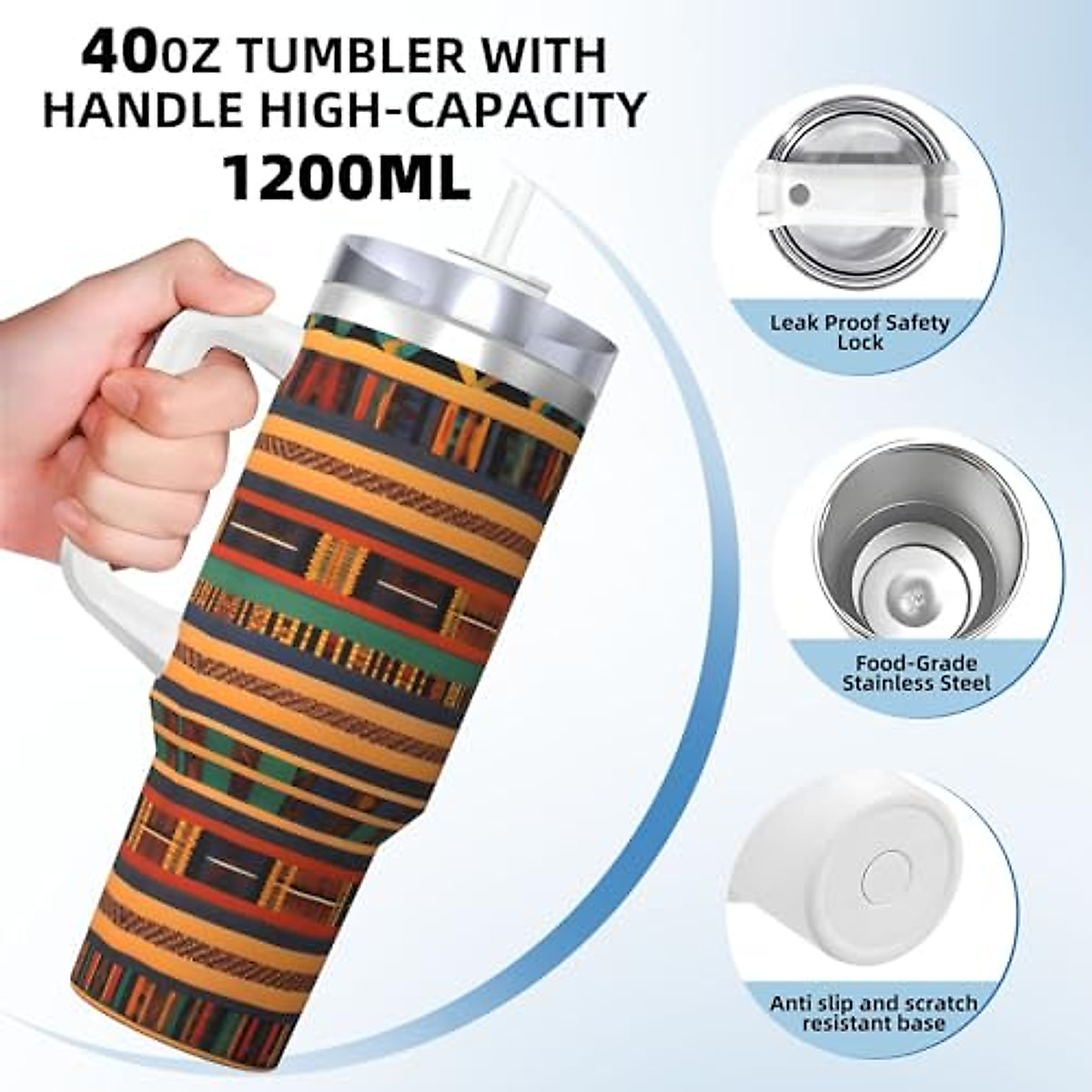 HULIBIN african weaving Print Double Deck Stainless Steel Travel Coffee Cup With Lid 40 Oz Ice Bully Cup