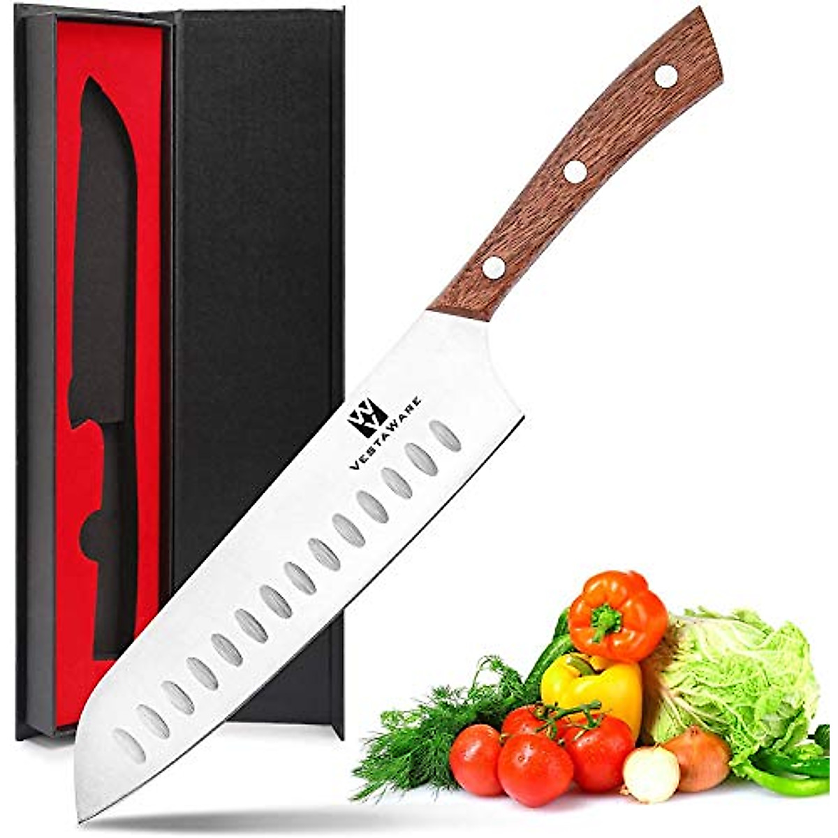 Vestaware Chef Knife Chefs Knife 8 Inch Kitchen Knife High Carbon German Stainless Steel Sharp Cutting Knife with Ergonomic Handle (7-inch Santoku Knife)